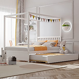 Giantex Canopy Bed with Trundle, Full Size Kids Solid Wood Platform Bed Frame w/Headboard Wooden Twin Trundle Bed for Boys Girls, No Box Spring Needed (White)