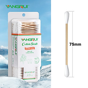 YANGRUI Cotton Swab, 375 Count Wooden Stick BPA Free Naturally Pure Double Round Ear Swabs White Cotton Buds (Pack of 1)