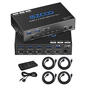 USB 3.0 KVM Switch HDMI 4 Computer 1 Monitor 4K 60Hz SPDIF L/R Hotkey - Share one Set of Keyboard Mouse Printer,1080p 120Hz 144Hz HDCP Bypass,4X USB3.0 Cable,IR Remote Ext. Windows Mac 41KVMP
