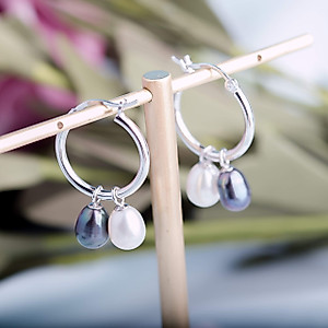 MOLAH 925 Silver Multi-use Hoop Sade Earrings 7-7.5mm Cultured Freshwater Drop White and Black Peacock Pearl 4-in-1 Rhodium Plated