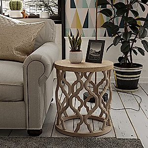 COZAYH Farmhouse End Table, Distressed Wood Top Side Table with Curved Motif Frame Base for Boho, Rustic, Round, Natural