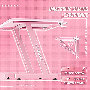 Vitesse 40 Inch Pink Gaming Desk,Pink desk,Pink Gaming Table,Cute Kawaii Computer Desk Z Shaped Girl Gamer Desk Workstation Home Office Desk with Carbon Fiber Surface and Headphone Hook (Z Shape Leg)