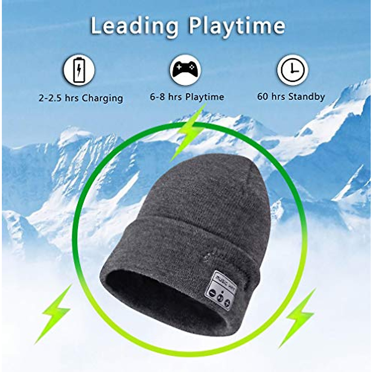 Happy-top Wireless Bluetooth Beanie Hat Winter Soft Warm Knit Music Hat Cap with Stereo Headphone Headset Speaker Mic Hands Free for Men Women Outdoor Sports Skiing Running Skating Dark Grey