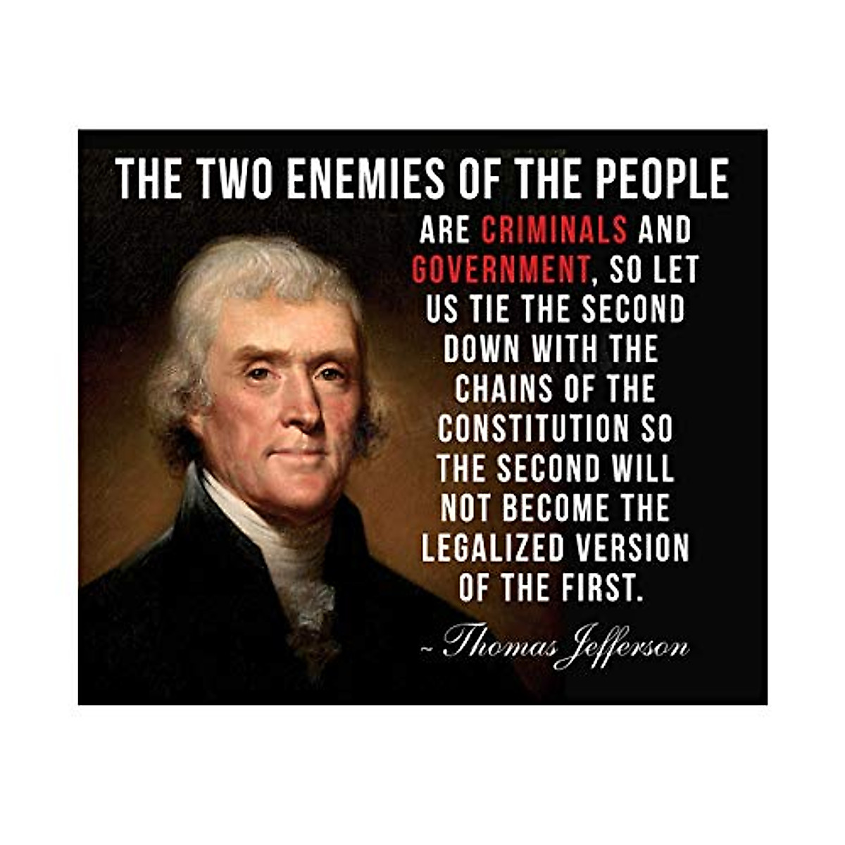 Thomas Jefferson Quotes-"Two Enemies of the People-Criminals & Government"-10 x 8" Political Wall Art Print-Ready to Frame. Jefferson Presidential Portrait Replica. Home-Office-School-Library Decor.