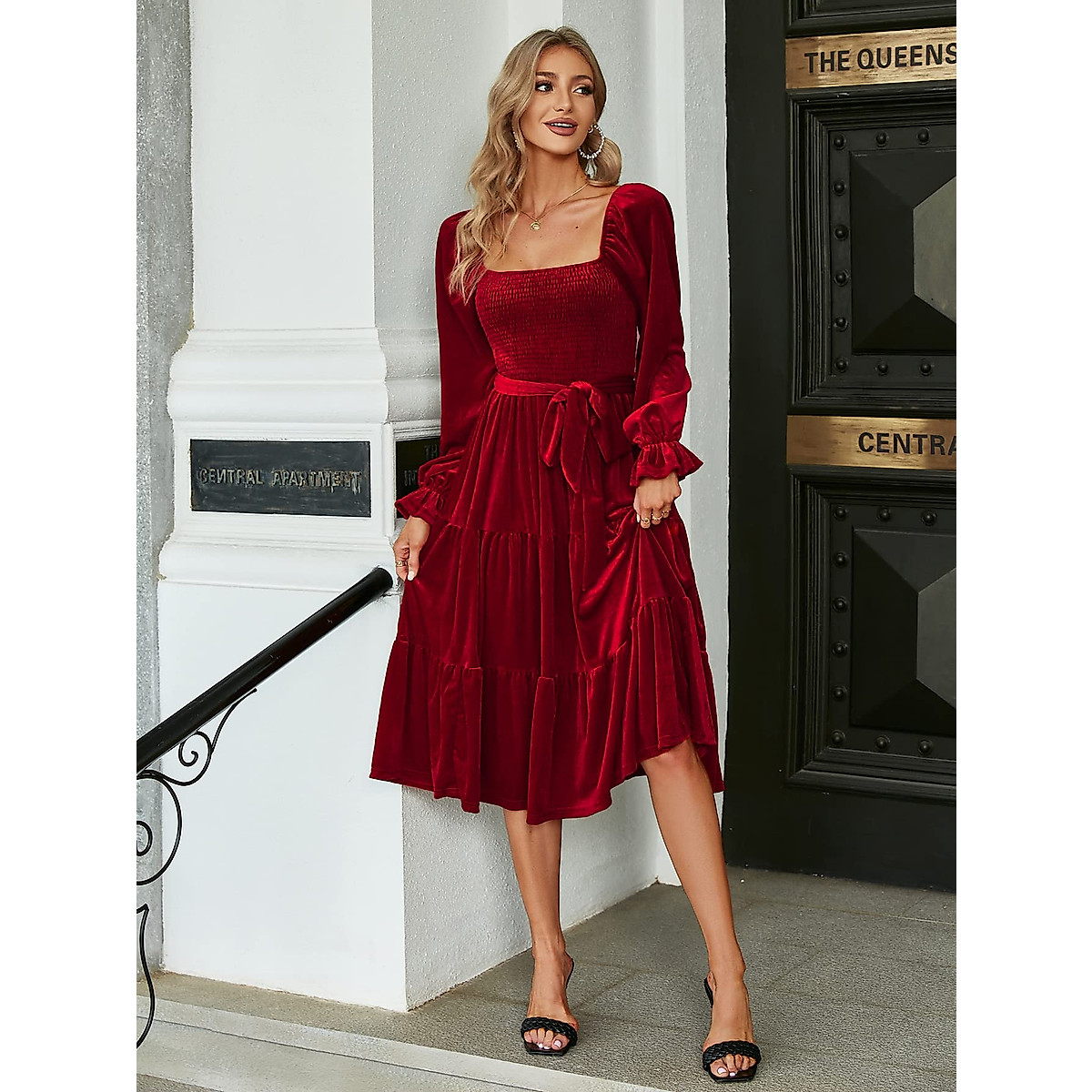 Amegoya Women's Fall Wedding Guest Long Sleeve Velvet Dress Elegant Square Neck Semi Formal Party Midi Bridesmaid Dresses (M Red)