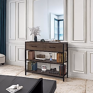 HITHOS Industrial Console Table with Drawers, Vintage Hallway Foyer Table with Storage Shelves, Narrow Long Sofa Entryway Table for Living Room, Dark Brown