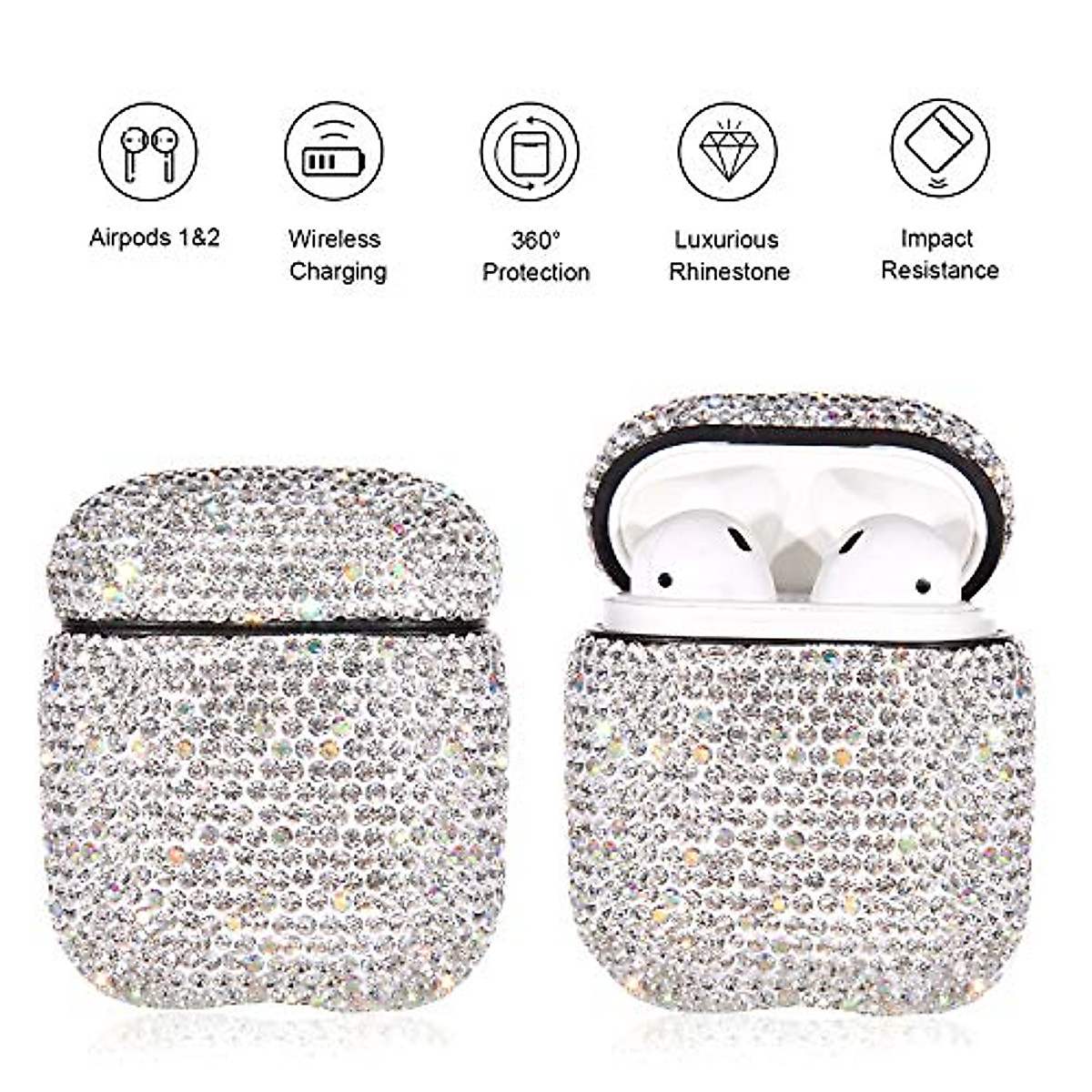 Sparkly Diamond Case for AirPods with Keychain, Shockproof Protective Premium Bling Rhinestone Cover Skin Compatible with AirPods Charging Case 2 & 1(White+AB C5)