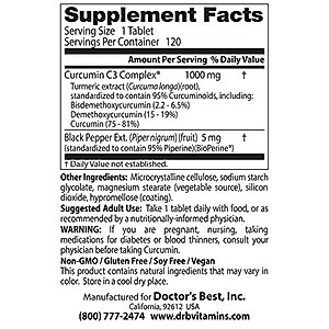 Curcumin from Turmeric Root with Curcumin C3 & BioPerine 1000mg 120 Count by Doctors Best