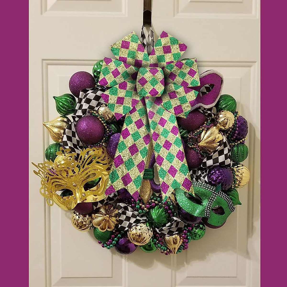 Estivaux 2 Pieces Mardi Gras Bows for Wreath, Mardi Gras Wreath Bows Glitter Green Purple Gold Stripe Bows Fat Tuesday Bows Bows for Front Door Mardi Gras Masquerade Party Decorations