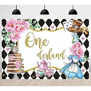 Onederland 1st Birthday Backdrop for Girls Wonderland Tea Party Photography Background Girl Pink Floral Poker Decoration Cake Table Banner 7x5ft