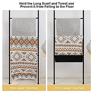 Blanket Ladder Decorative Ladder Holder with 5 Hooks and Pocket 5 Tier Farmhouse Metal Wall Leaning Towel Rack Stand for Bathroom Living Room Laundry Room, Black