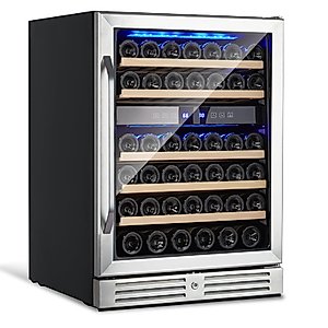 Towallmark 24 Inch Wine Cooler Refrigerator-46 Bottle, Dual Zone Seamless Stainless Steel Built-in Freestanding Wine Fridge, Double-Layer Tempered Glass Door with Lock, Under Counter Wine Cellar