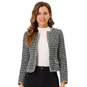 Allegra K Women's Christmas Plaid Tweed Blazer Long Sleeve Open Front Work Office Short Jacket Medium Black