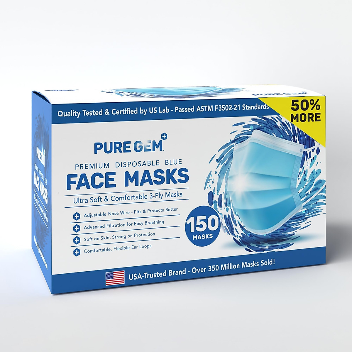 PURE GEM [Pack of 100] Single Use Disposable Blue Face Mask, Soft on Skin, Pack of 3-Ply Masks Facial Cover with Elastic Earloops Great For Home, Office, School, and Outdoors