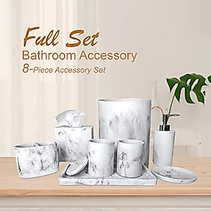 8 PCS White Marble Resin Bathroom Accessory Set, Modern Marble Bathroom Set - Bathroom Soap Dispenser and Toothbrush Holder Set, Tumbler, Soap Dish, Cotton Jar, Amenity Tray, Tissue Box & Waste Basket