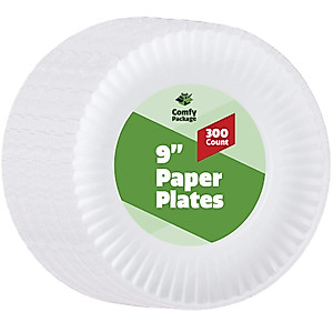 Comfy Package [Case of 300 9 Inch Uncoated White Paper Plates - Disposable Party Plates, Decorative Paper Plates for Crafts