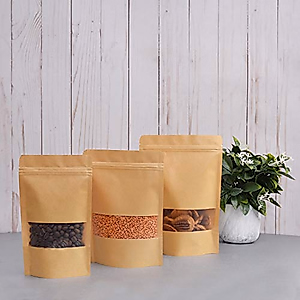 50 Pcs Self Sealing Sealable Packaging Paper Bags Waterproof Transparent Window Brown Stand Up Zipper Pouches Can Reusable for Food Tea Coffee bags Beans Nuts Seeds Dried Fruits Pouch (5.5"x.7.8")…