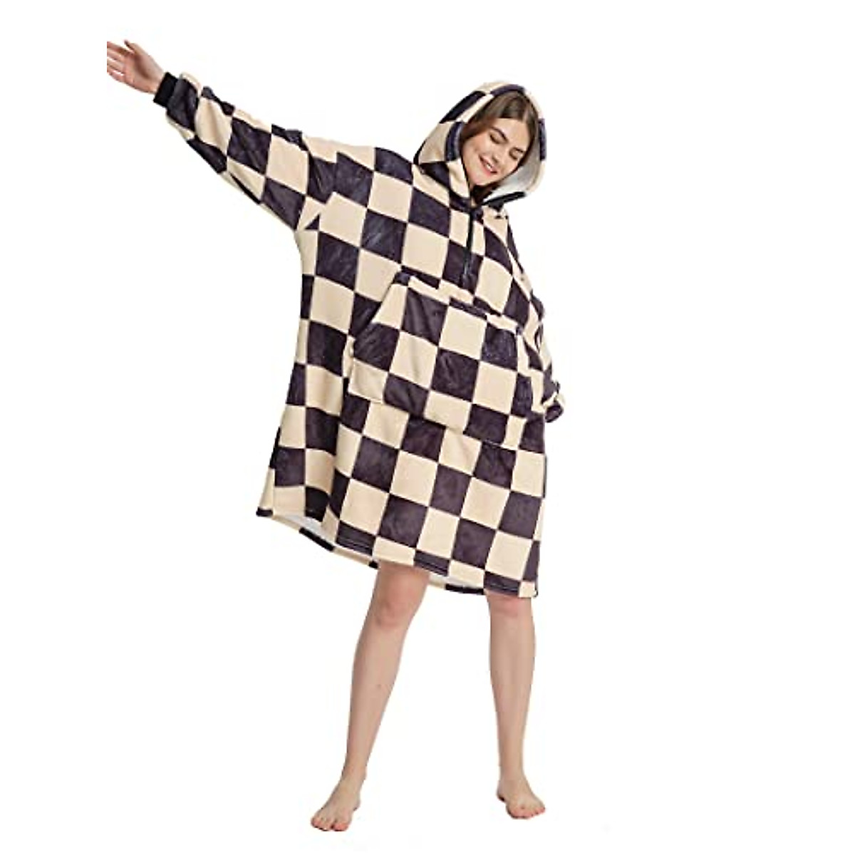 PSII Planet Sister Original Oversized Sherpa Hoodie Blanke ,Wearable Blanket for Adults, One Size Fits All(Beige-Black) X-Large a-899