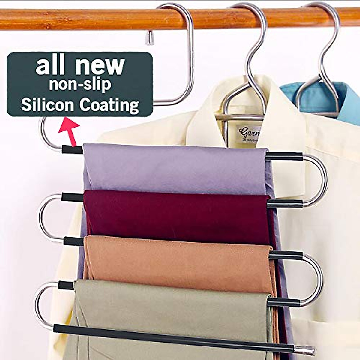 Myfolrena Pants Hangers Non Slip Updated S-Shaped 5 Layers Hangers Closet Space Saver for Jeans Scarf Tie Clothes(6 Pack Grey+4 Pack Black)