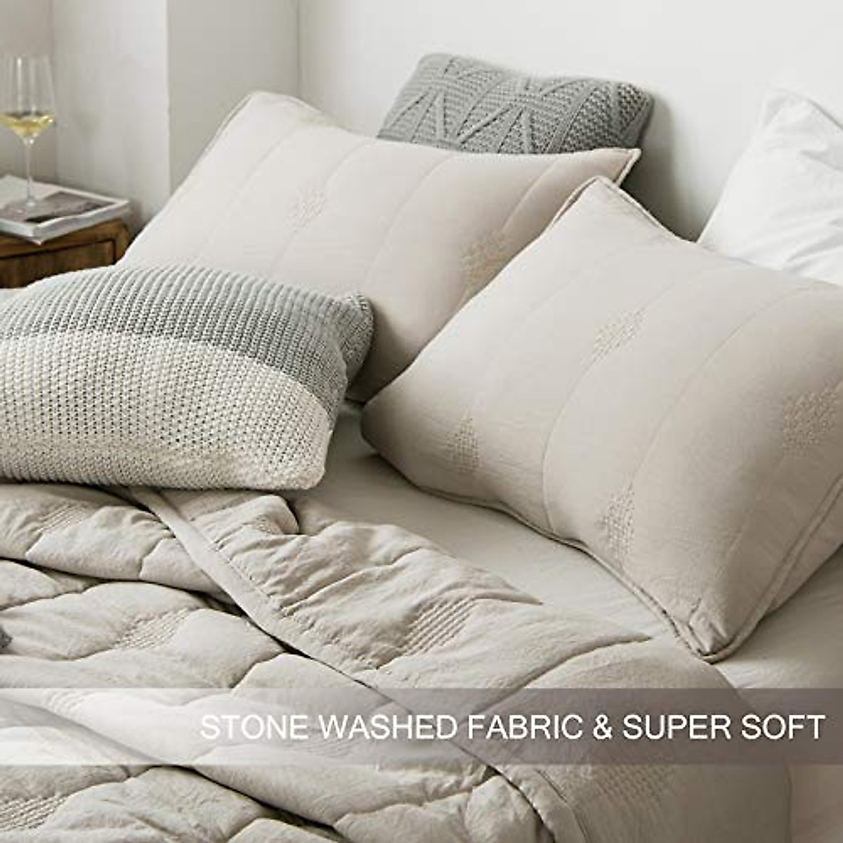 ANNA.Z HOME 3 Pc Mini Quilt Comforter Set. Stone Washed Soft Fabric. Down Alternative Microfiber Fill. Allover Embroidery Stitching. Machine Washable. Solid Colors. (Feather Gray, Queen Set)