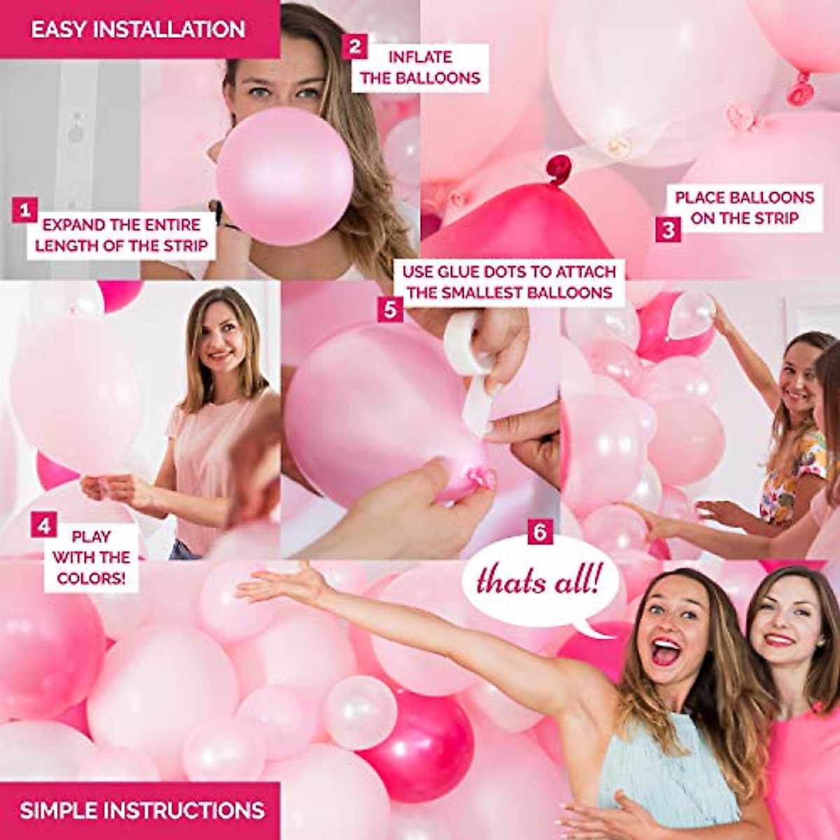 Balloon Garland Kit, Rose Pink and White Balloons, Balloon Arch Kit for Wedding Baby Shower Birthday, Ballon Garland Kits includes 100 Assorted Balloons, Decorating Strip Tape, Glue Points