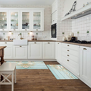 Kitchen Rug Set 2 Pieces Beach Cushioned Kitchen Floor Mats Comfort Soft Standing Doormat, Non Slip Rugs and Runner Coastal Seashell Starfish Blue Wood Board