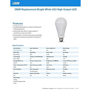 Feit Electric A23 LED Light Bulb, 300W Equivalent, Non-Dimmable, 4060 Lumens, E26 Standard Base, 3000k Soft White, High Output LED Bulb, Damp Rated, 22 Year Lifetime, OM300/830/LED