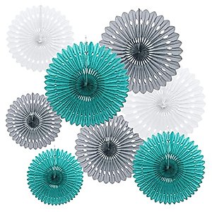 8PCS Teal Grey White Hanging Paper Turquoise Aqua Party Fan Rosettes Circle Garland for Mermaid Birthday Under The Sea Party Girl Baby Shower Teal Wedding Bridal Shower Decoration