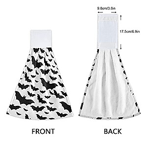 AUUXVA Cute Bats Pattern Hanging Kitchen Hand Towels 2 Pack, Halloween Print Soft Coral Velvet Towel for Bathroom Decor Washcloth Absorbent Dish Tie Towels