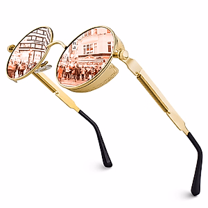 GQUEEN Retro Round Circle Steampunk Sunglasses for Women Men Polarized UV400 Protection,MTS2