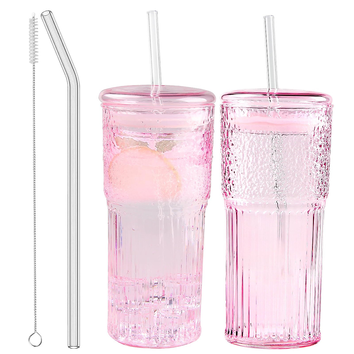 Glass Coffee Cups with Lids and Straws, 20 OZ Pink Iced Water Glasses Tumblers for Ice Juice, Tea, Milk, Smoothie and Cold or Hot Drinks, Set of 2