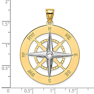 Solid 14k Yellow Gold Two Toned Nautical Compass White Needle Charm Pendant - 41mm x 33mm