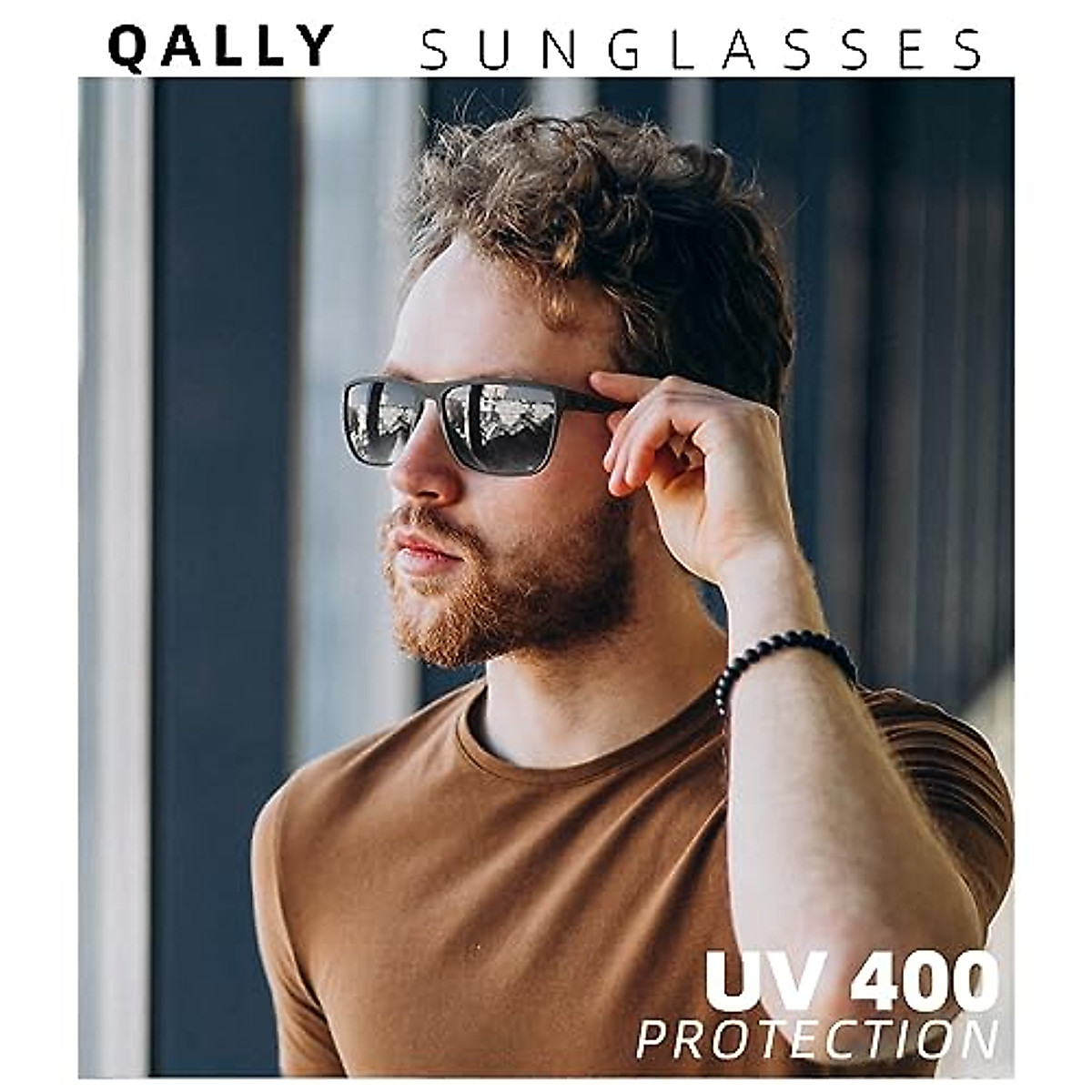QALLY Retro Square Polarized Sunglasses for Men UV Protection Rectangular Outdoors Sunglasses with Trendy Frame, Black/Blue/Tawny