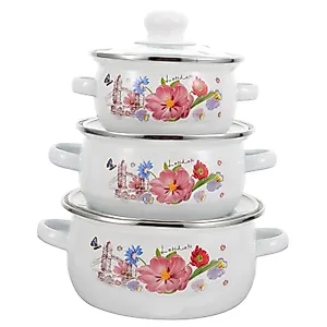 GANAZONO 3Pcs Enamel White Cooking Pot wear-Resistant stockpot Delicate Soup Pot Vintage Soup Pot Soup Pot with lid Vintage stockpot Multipurpose Pot Old Fashioned Cooking Utensils