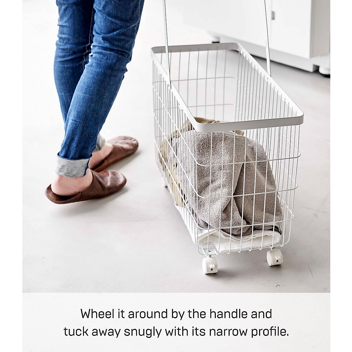 Yamazaki Home Tower Small Rolling Laundry Basket Metal Hamper Cart With Wheels And Handle, 14.8" - Steel - 9.8 Gallons, 35 Liters