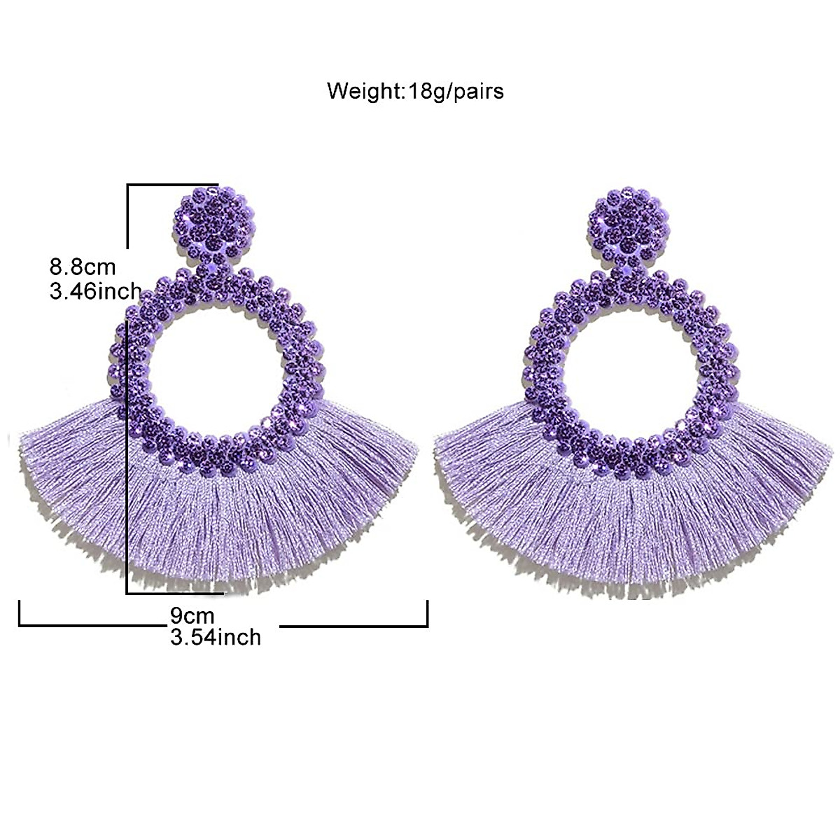 Handmade Bohemian Tassel Crystal Statement Drop Dangle Earrings for Women Hoop Fringe Lightweight Ear Jewelry Summer Accessories (Purple)
