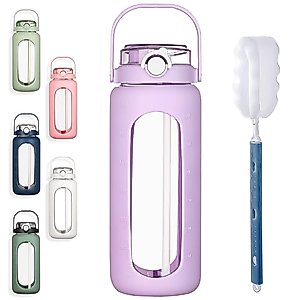 BLUEGO 56oz Glass Water Bottles with Straw Time Marker Half Gallon Large Motivational Water Bottle with Silicone Sleeve 2 Liter Large Glass Water Jug for Gym, Sports&Workout, Daily, Purple