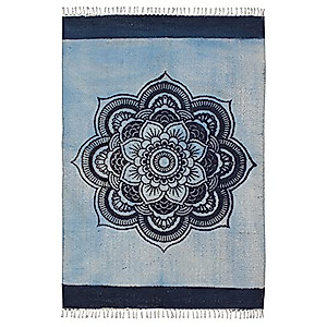 Casavani Indian Handmade Cotton Dhurrie Floral Blue & Black Area Rug Boho Kilim Flat Weave Rug Indoor Hall Room Decor Carpet Throw Rugs for Bedroom Living Room Bathroom Balcony 2x3 Feet