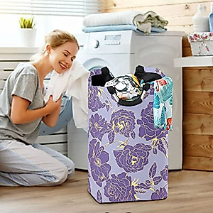 Kigai Purple Roses Laundry Basket Foldable Large Laundry Hamper Bucket with Handles Collapsible Nursery Storage Bin for Kids Clothes Toy