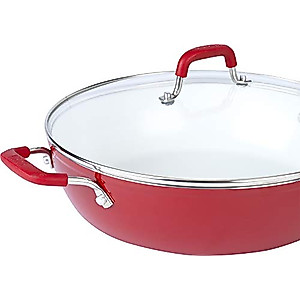 Bialetti Aeternum Nonstick White Ceramic Cookware, 12" Covered Lid Saute Pan, Red & White
