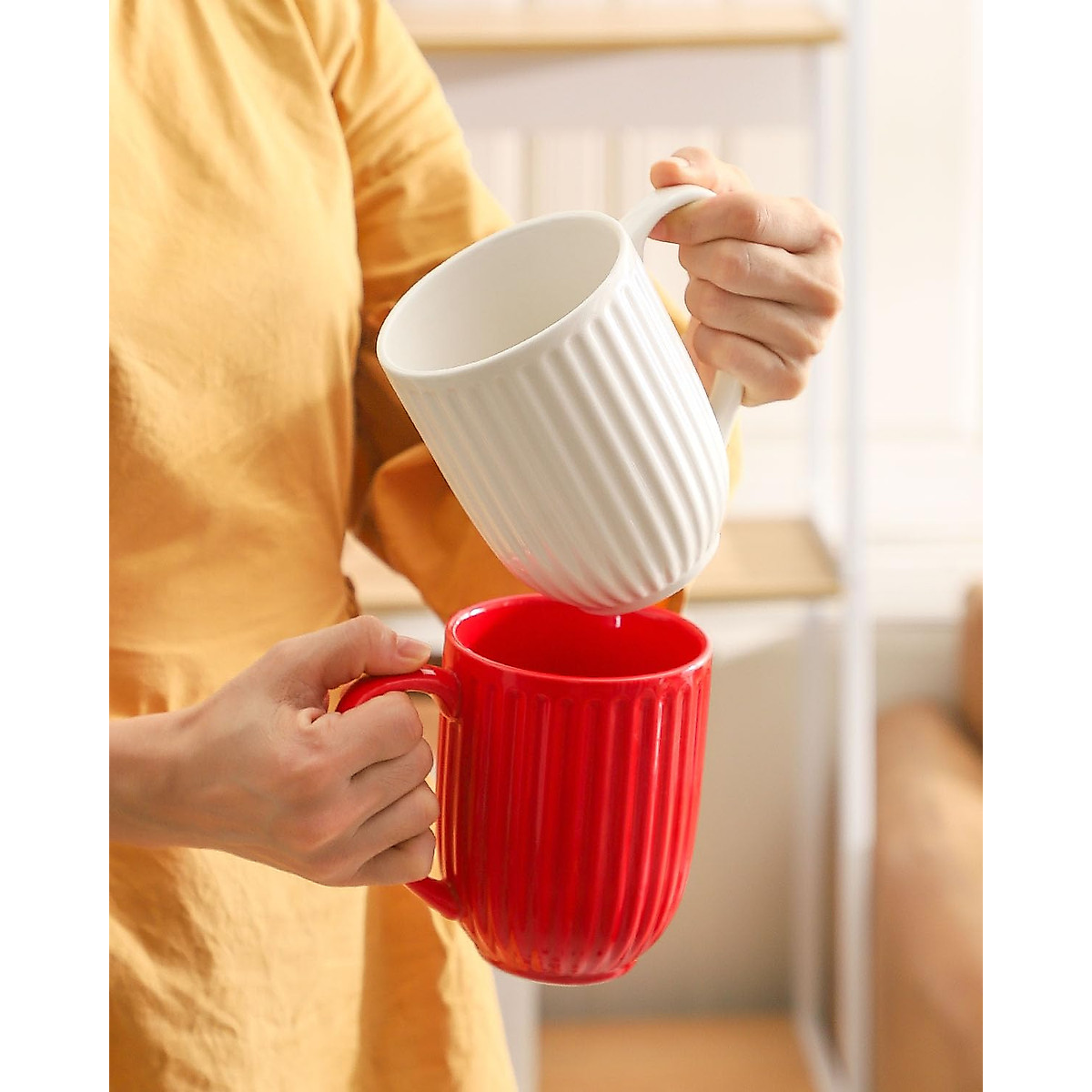 Hasense Ceramic Coffee Mug, 20 Oz Ceramic Coffee Cup with Handle, Modern Ribbed Design Tea Cup for Latte, Cocoa, Coffee, Thanksgiving, Christmas Gift, Dishwasher & Microwave Safe, White