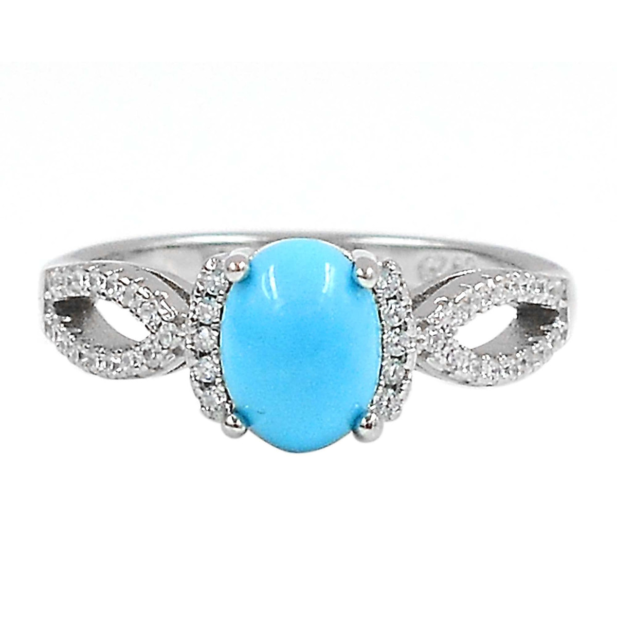 8X6 MM Oval Natural Blue Turquoise Cabochon 925 Sterling Silver December Birthstone Solitaire Unisex Proposal Ring Valentine Day Gift For Girlfriend Gift (Rhodium Plated Silver, 8)