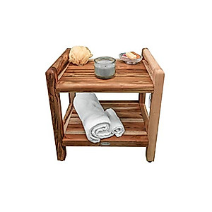 DecoTeak Earthy Teak Shower Stool Eleganto Natural Wood Seat Shower Bench with Storage Shelf and LiftAide Arms for Indoors and Outdoors - 14 inches Wide