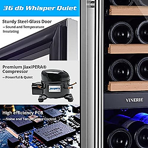 VINERIE Premium 24 Inch Wine Cooler Refrigerators, 46 Bottle Dual Zone Built-in or Freestanding Fridge with Upgrade Compressor & Tempered Glass Door, 41F-73F Digital Temperature Control