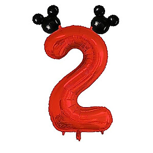 40 inch Red Number 2 Balloon Mini Mouse Head Balloon, Cartoon Mouse Birthday Party Supplies, 2th Birthday Decorations for Kids, Red Theme Party Decoration Supplies