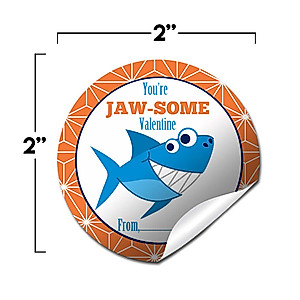 You’re Jawsome Smiling Shark Valentine Party Favor Sticker Labels, 40 2" Party Circle Stickers by AmandaCreation, Great for Classroom Valentines, Envelope Seals, Gifts & Treats