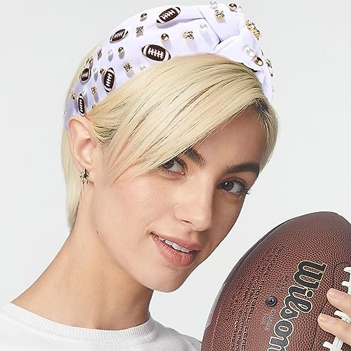 Football Headband Pearl Rhinestone Jeweled Knotted Headband Fun Sports White Hot Pink Black Blue Football Embellished Wide Top Knot Hairband Headpiece Game Day Sports Hair Accessories Gift for Football Mom Fans (white football headband)