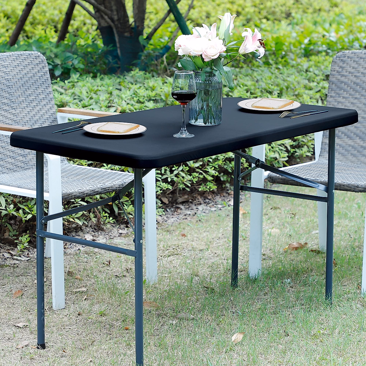 NEWISHER 2 Pack Fitted Tablecloth Rectangle 4ft Elastic Edge Spandex Table Top Cover for Picnic Outdoor Camping Park Patio Black 23 x 48 inch