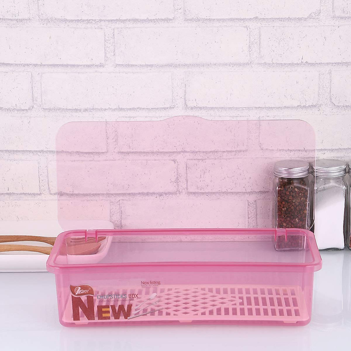 Cabilock 2pcs Kitchen Utensil Storage Container - Tableware Organizer Hygienic Chopsticks Storage Silverware With Cover Chopsticks Box Cutlery Rack Storage Box Tray