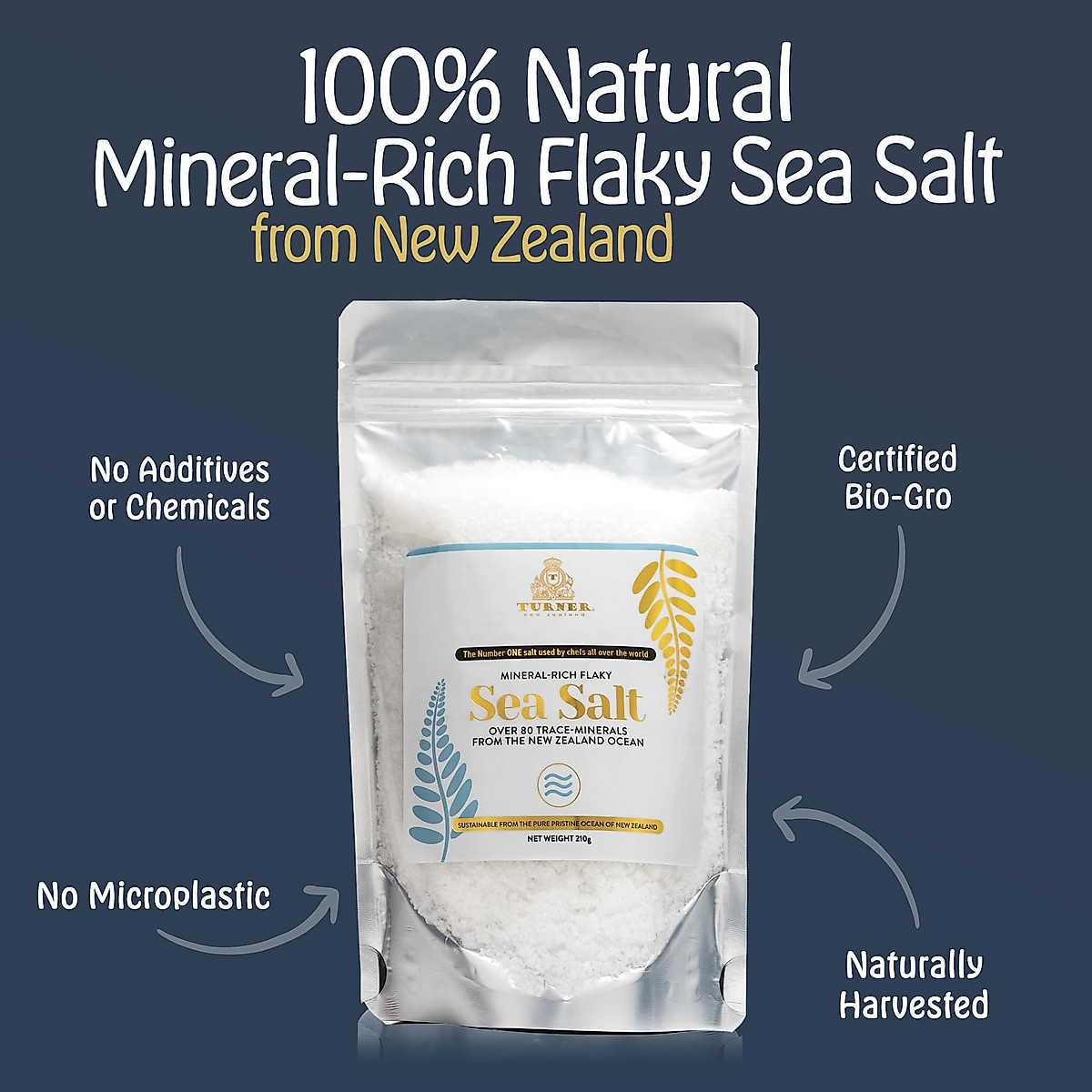 TURNER Flaky Sea Salt, 8.8 ounces of Premium Gourmet Sea Salt Flakes from New Zealand, 80 Minerals & Trace Elements, 100% All-Natural, Solar & Wind Harvested Salt, No Microplastics, 1 Pouch